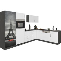 K&uuml;chenzeile KOCHSTATION "KS-Paris &ndash; K&uuml;chen mit einzigartigen Fotomotiven auf den Fronten", wei&szlig; (k&uuml;che: wei&szlig;, front: wei&szlig;, korpus: grafit, arbeitsplatte: anthrazit), B:290cm H:200cm T:60cm, Komplettk&uuml;chen-Sets, K&uuml;chenzeile, Stellbreite 290/220 cm, wahlweise mit E-Ger&auml;ten und Induktion
