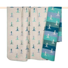 Wohndecke Pad "LIGHTHOUSE", blau (turqouise), B:150cm L:200cm, Mischgewebe, Wohndecken, Wohndecke, Made in Europe, Wendefunktion, gestreift, Motiv Leuchtturm, 150x200 cm
