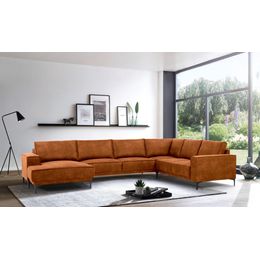 Wohnlandschaft OTTO HOME "OLAND U-Form, XXL, B: 342 cm, Skandi-Design", braun (cognac), B:342cm H:85cm T:260cm, 100% Polyester, Sofas, Wohnlandschaft, Skandi-Design in Struktur, Flachgewebe, Luxus-Microfaser, Boucle