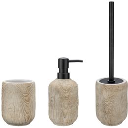 Badaccessoire-Set Wenko "Florio", beige, strukturiert, Keramik, Badaccessoires-Sets, bestehend aus Seifenspender, WC-Garnitur, Zahnputzbecher in Holz-Optik