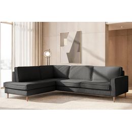 Ecksofa Home Affaire "Pinto Skandi, 290 cm, Chenille, Struktur, Ottomane links / rechts", dunkelgrau, B:290cm H:89cm T:217cm, 100% Polyester, Sofas, Ecksofa, mit Keder, Massivholzf&uuml;&szlig;e Eiche ger&auml;uchert, Wellenunterfederung