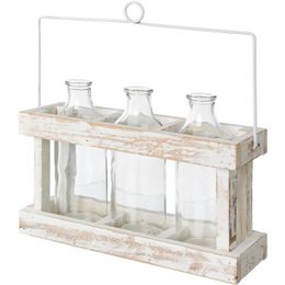 CREATIV HOME Dekovase "Holzbox mit 3 Glasflaschen", B/H/T: 29cm x 20cm x 10cmwei&szlig;, Vasen, mit dekorativem Henkel