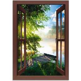 Wandbild Artland "Fensterblick Angelsteg am Fluss", braun (farbe bild(er): braun), B:70cm H:100cm, Bilder, als Alubild, Leinwandbild, Poster in verschied. Gr&ouml;&szlig;en