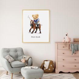 Bild mit Rahmen queence "Polo Club Teddy B&auml;r auf Pferd", farbe rahmen: beige, farbe bild(er): braun, B:30cm H:40cm T:1,5cm, Acrylglas, Holzrahmen, Bilder, HD Premium Poster-Druck inkl. Echtholzrahmen in beige