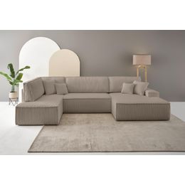 Wohnlandschaft OTTO HOME "FINNLEY U-Form XXL 329 cm - OTTO. Verl&auml;ssliche Qualit&auml;t.", grau (taupe), B:329cm H:85cm T:195cm, Bezugstoff 100% PES ;Gramatur 400g/qm +/- 5%, Sofas, Wohnlandschaft, Schlafsofa, Bettkasten, in Boucl&eacute;, Struktur fein und Mega Cord