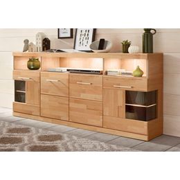 Sideboard Home Affaire "RIBE20 Fronten massiv,Korpus Melamin, 2 Türen mit Glaseinsatz", beige (kernbuchefarben), B:180cm H:80cm T:35cm, Holz teilmassiv, Sideboards, Sideboard, B/T/H: 180/35/80cm,3offene Fächer u 6geschlossene,Teilmassiv Kernbuche
