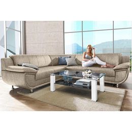 Ecksofa Trendmanufaktur "Rondo wahlweise mit Schlaffunktion, bequeme Armlehnen, Bestseller", beige (sand, beige), B:267cm H:85cm T:247cm, Microfaser PRIMABELLE (100% Polyester);Kunstleder SOFTLUX;Struktur (54% Polyacryl, 46% Polyester);NaturLEDER (echtes Rindsleder) in Sitz und R&uuml;cken, Korpus Kunstleder SOFTLUX, Sofas, Ecksofa, L-Form, wahlw.mit Federkern, F&uuml;&szlig;e chromfarben, Unser Dauertiefpreis