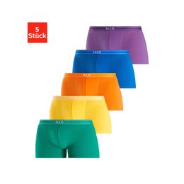 H.I.S. Boxer H.I.S "Boxershorts f&uuml;r Herren", Herren, Gr. L, 5 Stk., bunt (lila, blau, gr&uuml;n, gelb, orange), Jersey, Obermaterial: 95% Baumwolle, 5% Elasthan, unifarben, k&ouml;rpernah, Unterhosen, mit Steifen und Logo im Bund