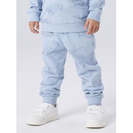 Sweatpants name it "NMMVARON f&uuml;r Jungen mit Tunnelzug und Markenlabel", Jungen, Gr. 122, N-Gr, dusty blau, Sweatware, Obermaterial: 100% Baumwolle, bedruckt, normal kn&ouml;chellang, Hosen, bedruckt, casual, normal, Baumwolle, ohne Kragen