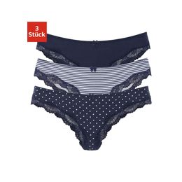Brasilslip Lascana, Damen, Gr. 36/38, blau (marine, gepunktet, gestreift, uni), Obermaterial: 95% Baumwolle, 5% Elasthan. Spitze: 87% Polyamid, 13% Elasthan, gepunktet, gestreift, unifarben, k&ouml;rpernah, Unterhosen, aus elastischer Baumwolle mit zarter Spitze, Topseller