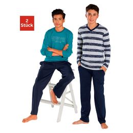 Pyjama Le Jogger "mit Streifen und Print", Jungen, Gr. 146/152, bunt (petrol, marine, grau, meliert, marine), Jersey, Obermaterial: 100% Baumwolle, bedruckt, gestreift, Basic, l&auml;ssig geschnitten lang, Rundhals, abgesteppte Kante, Homewear-Sets Pyjama, in langer Form