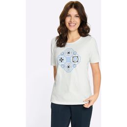 Kurzarmshirt Classic Basics "Druck-Shirt", Damen, Gr. 42, ecru, jeansblau, bedruckt, 100% Baumwolle, gemustert, mehrfarbig, Rundhals, Shirts