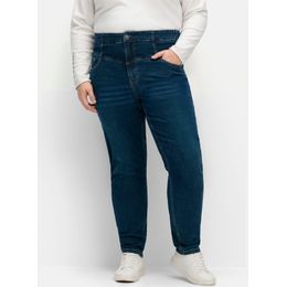 Stretch-Jeans sheego, Damen, Gr. 44, Normalgr&ouml;&szlig;en, blau (dunkelblau denim), 99% Baumwolle, 1% Elasthan, unifarben, lang, Jeans