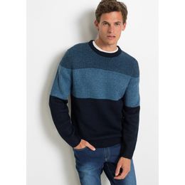 Strickpullover bonprix, Damen, Gr. 52/54 (L), blau (dunkelblau gestreift), Strick, Obermaterial: 100% Polyacryl, colorblocking, regular fit normal, Rundhals, Rippb&uuml;ndchen, Pullover Strickpullover, mit Streifen Muster