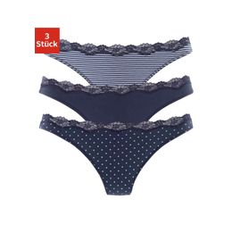 String Lascana, Damen, Gr. 32/34, blau (marine, gepunktet, gestreift, uni), Obermaterial: 95% Baumwolle, 5% Elasthan. Spitze: 87% Polyamid, 13% Elasthan, gepunktet, gestreift, unifarben, k&ouml;rpernah, Unterhosen String, aus elastischer Baumwolle mit zarter Spitze