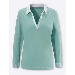 Langarmshirt Classic Basics "Langarm-Shirt", Damen, Gr. 46, salbei, wei&szlig;, 100% Baumwolle, gemustert, gestreift, mehrfarbig, V-Ausschnitt, Shirts Langarmshirt