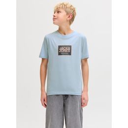 Jack & Jones T-Shirt JACK & JONES JUNIOR "JJRAIN TEE SS CREW NECK JNR", Jungen, Gr. 128, celestial blau, Single Jersey, Obermaterial: 100% Baumwolle, bedruckt, unifarben, regular fit normal, Rundhals, Shirts T-Shirt, mit Logoprint