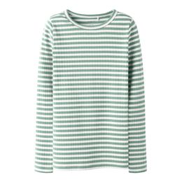 Langarmshirt name it "NKFSURAJA XSL LS TOP NOOS", M&auml;dchen, Gr. 116, aqua foam, Jersey, Obermaterial: 95% Baumwolle, 5% Elasthan, geringelt, gestreift, slim fit h&uuml;ftbedeckend, Rundhals, abgesteppte Kante, Shirts Langarmshirt, toller Ringel-Look in gerippter Qualit&auml;t