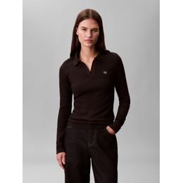Langarmbluse Calvin Klein Jeans, Damen, Gr. L (42), schwarz, Web, Obermaterial: 94% Baumwolle, 6% Elasthan, unifarben, figurbetont taillenbedeckt, V-Ausschnitt, eingesetzt abgesteppte Kante, Blusen, Figurbetonte Passform mit V-Ausschnitt
