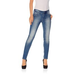 R&ouml;hrenjeans Heine, Damen, Gr. 34, Normalgr&ouml;&szlig;en, blau (blau stone), 95% Baumwolle, 3% Polyester, 2% Elasthan, Miedereinsatz:15% Elasthan, 85% Polyamid, unifarben, lang, Jeans