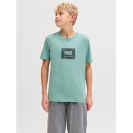 Jack & Jones T-Shirt JACK & JONES JUNIOR "JJRAIN TEE SS CREW NECK JNR", Jungen, Gr. 128, mineral blau, Single Jersey, Obermaterial: 100% Baumwolle, bedruckt, unifarben, regular fit normal, Rundhals, Shirts T-Shirt, mit Logoprint