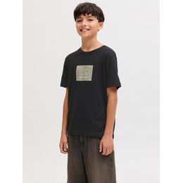 Jack & Jones T-Shirt JACK & JONES JUNIOR "JJRAIN TEE SS CREW NECK JNR", Jungen, Gr. 128, schwarz, Single Jersey, Obermaterial: 100% Baumwolle, bedruckt, unifarben, regular fit normal, Rundhals, Shirts T-Shirt, mit Logoprint