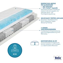 Beco Taschenfederkernmatratze »Royal Komfort Gel, mit integriertem 5 cm hohem Gelschaumtopper« 26 cm hoch 480 Federn 1 Stk. tlg. Matratze in 90x200...