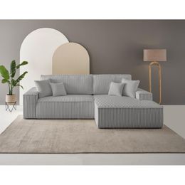 OTTO home Ecksofa &raquo;FINNLEY, L-Form 257 cm, Schlafsofa&laquo; mit Bettkasten, in Boucl&eacute;, Struktur fein und Mega Cord grau Bezugstoff 100% PES !;Gramatur 400g