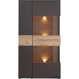 FORTE Vitrine &raquo;Como&laquo; Highboard, LED Beleuchtung Einlegeb&ouml;den, Glast&uuml;re, Soft Close grau FSC -zertifizierter Holzwerkstoff