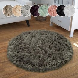 Paco Home Fellteppich &raquo;Playa 960&laquo; rund 64 mm H&ouml;he Kunstfell, Flokati-Optik, Hochflor, weich und flauschig, Uni-Farben anthrazit Obermaterial: 100%...
