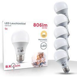 B.K.LICHT LED-Leuchtmittel E27 5 Stk. Warmwei&szlig; LED Lampe Gl&uuml;h-Birne SET 9W 806 Lumen warmwei&szlig; 3.000K Energiesparlampe wei&szlig;