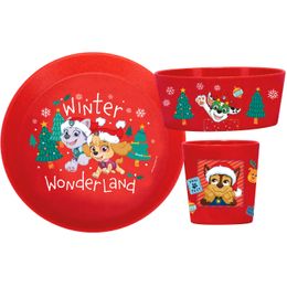 Kindergeschirr-Set Koziol "Kleiner Teller + Schale + Becher CONNECT PAW PATROL WINTER WONDERLAND", rot (organic ruby rot), 3 Stk., Kunststoff, Polypropylen, Geschirr-Sets, made in Germany, melaminfrei, 3 Teile, f&uuml;r 1 Person