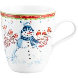 Becher Seltmann Weiden "Life - Schneemann", weiß, bunt, B:9cm H:10,3cm Ø:12,8cm, Porzellan, Trinkgefäße, Becher, Becher mit Henkel 0,40 l und weihnachtlichem Dekor