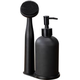 Sp&uuml;lmittelspender Wenko "Modell Piedo", schwarz (seifenspender: schwarz, sp&uuml;lb&uuml;rste: schwarz, halterung : schwarz), Kunststoff, Dosierspender, Sp&uuml;l-Set, inkl. Sp&uuml;lb&uuml;rste mit Halterung, Glas/Polyresin