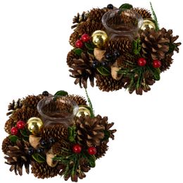 Teelichthalter CREATIV HOME "Adventsgesteck mit Teelichthalter", natur, H:8cm &Oslash;:18cm, Kerzenhalter, Teelichthalter, mit Glitzer