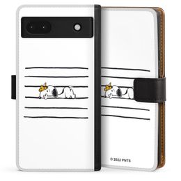 DeinDesign Google Pixel 6a Handy Klapph&uuml;lle Handyh&uuml;lle aus Kunst Leder schwarz Flip Case Snoopy Dog Peanuts Sideflip mit langer Lasche