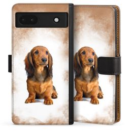 DeinDesign Google Pixel 6a Handy Klapph&uuml;lle Handyh&uuml;lle aus Kunst Leder schwarz Flip Case Pet Dachshund Dog Sideflip mit langer Lasche