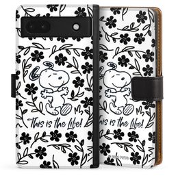 DeinDesign Google Pixel 6a Handy Klapph&uuml;lle Handyh&uuml;lle aus Kunst Leder schwarz Flip Case Peanuts Flowers Snoopy Sideflip mit langer Lasche