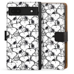 DeinDesign Google Pixel 6a Handy Klapph&uuml;lle Handyh&uuml;lle aus Kunst Leder schwarz Flip Case Peanuts Snoopy Muster Sideflip mit langer Lasche