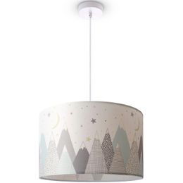 Paco Home Pendelleuchte "Hugo Cosmo", wei&szlig;, &Oslash; 45,5cm H: 27cm, Leuchten, Pendellampe Kinderzimmer n Decke Stoff Lampenschirm Rund Berge Sterne, Pendelleuchte