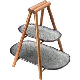 Etagere Leonardo "MATERA", grau (anthrazit), B:34cm H:8cm T:25cm, Keramik, Massivholz, Servierplatten, Etagere, 30,5 cm