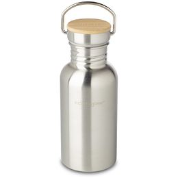Trinkflasche ECHTWERK, silber (edelstahlfarben), 500ml, Edelstahl, Trinkflaschen, Trinkflasche, mit Bambusdeckel und Silikonband, Innen und außen poliert