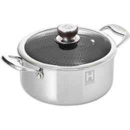 Kochtopf HENSSLERS, silber, B:30cm H:14cm L:22cm Ø:20cm, Töpfe, Kochtopf, Ø 20 cm, 2,8 Liter, 3-Schicht Material mit Wabenstruktur, Induktion