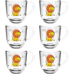 Tasse Leonardo "BAMBINI Löwe", bunt (mehrfarbig), H:9cm Ø:8,4cm, Glas, Trinkgefäße, Teeglas Kaffeeglas Kinderbecher, 280 ml, 6-teilig