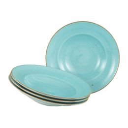 Pastateller Creatable "Vintage Nature, Pastateller 27 cm 4-tlg", blau (aqua), &Oslash;:27cm, Porzellan, Speiseteller, Handgemalt, Gesprenkelt, Rustikales Au&szlig;enband