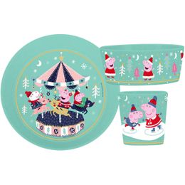 Kindergeschirr-Set Koziol "Kleiner Teller + Schale + Becher CONNECT PEPPA PIG WINTER WONDERLAND", blau (organic sage blau), 3 Stk., Kunststoff, Polypropylen, Geschirr-Sets, made in Germany, melaminfrei, 3 Teile, für 1 Person