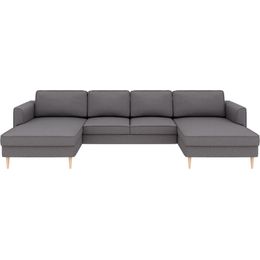 Wohnlandschaft Home Affaire, B:305cm H:83cm T:161cm, grau, 100% Polyester, Sofas, "Booster, whlw. mit Schlaffunktion & Bettkasten, Fu&szlig; Buche