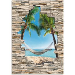 Wandbild Artland, B:90cm H:130cm, blau, Wohnzimmer, Bilder, "Palmenstrand Karibik H&auml;ngematte Stein", f&uuml;r Innen- und Au&szlig;enbereich geeignet, Outdoorbild