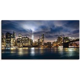 Wandbild Artland, B:150cm H:75cm, blau, Wohnzimmer, Bilder, "Sonnenaufgang &uuml;ber Manhattan", auf Holzrahmen gespannt