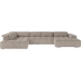 Wohnlandschaft COTTA, B:409cm H:73cm T:225cmplatinum, 100% Polyester, Sofas, "Orion U-Form", mit Kopfteilverstellung & 6 Nierenkissen